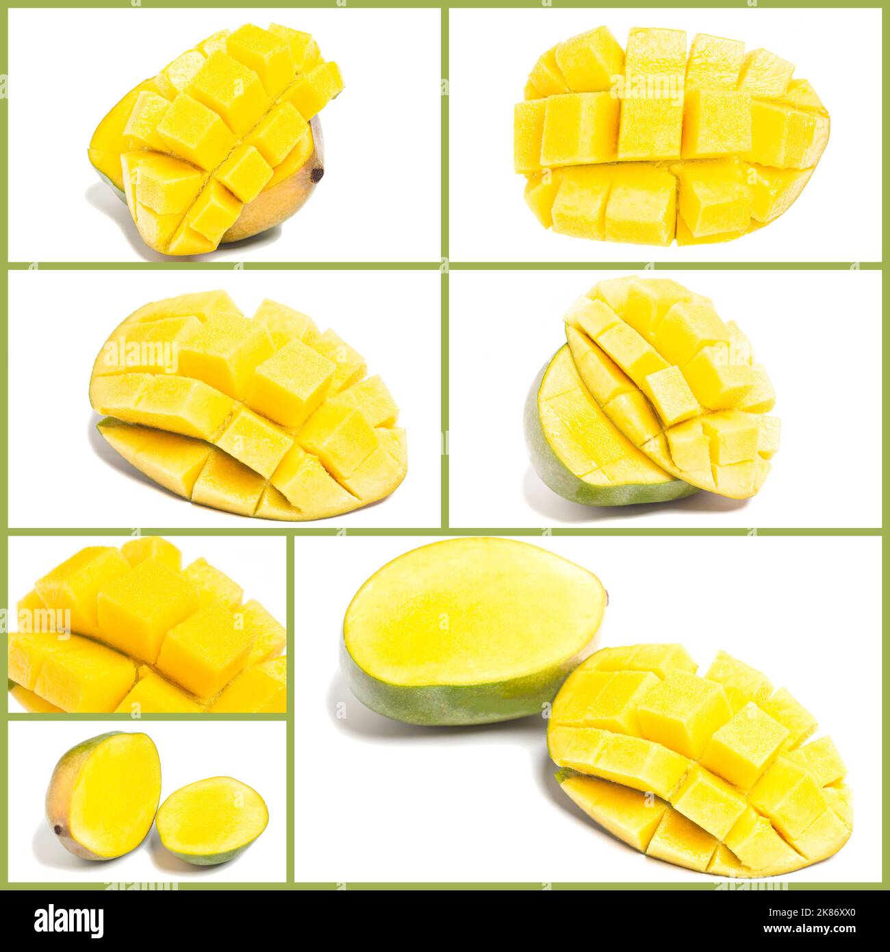 Collage with chopped half of ripe mango fruit isolated on white ...