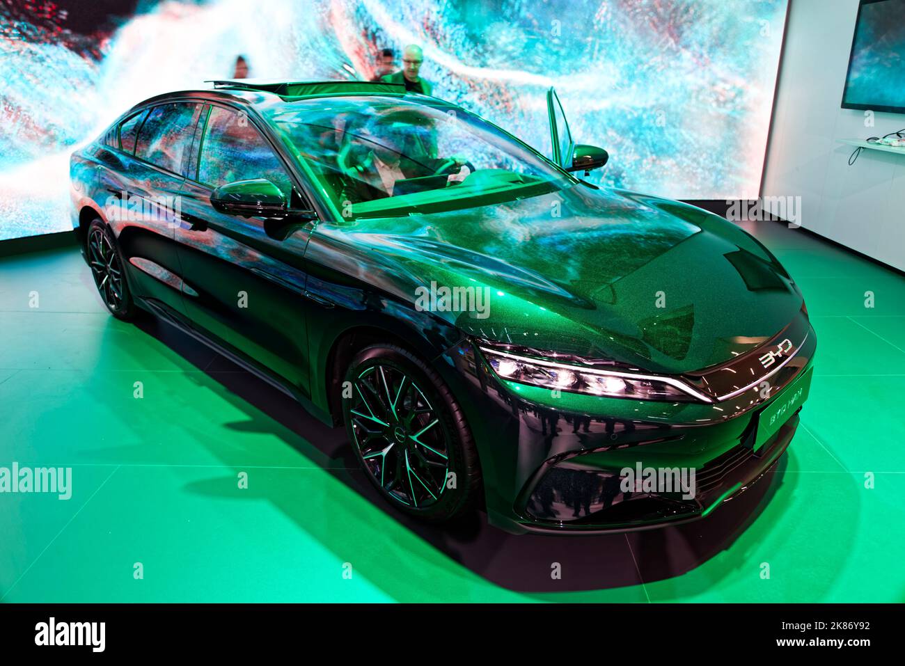 Paris, France. 17th Oct, 2022. A BYD Co. Han luxury sedan is displayed ...
