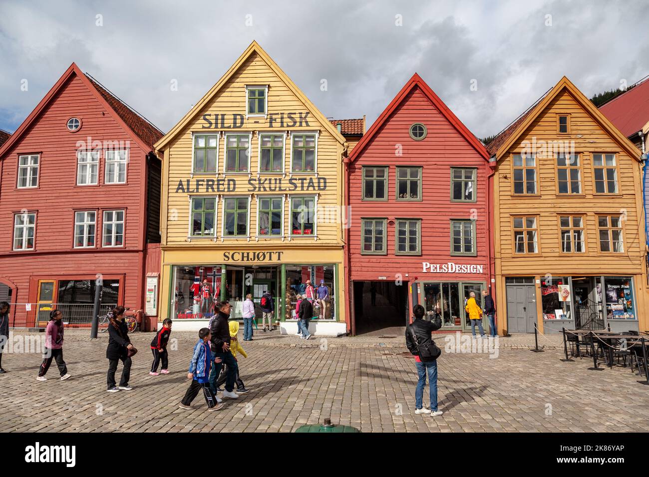 The beautiful facades of the historical Bryggen wooden buildings in ...