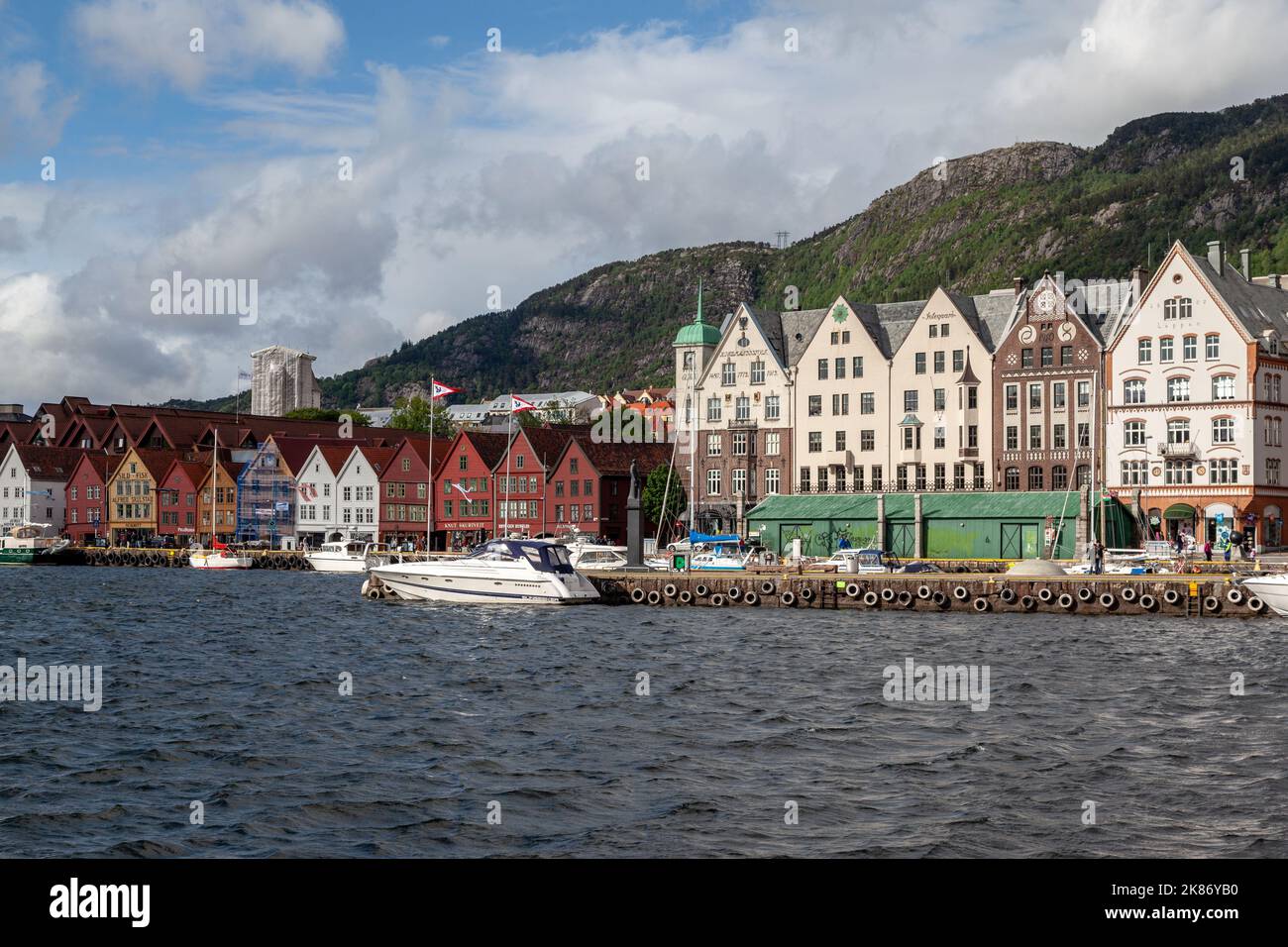 The beautiful facades of the historical Bryggen wooden buildings next ...
