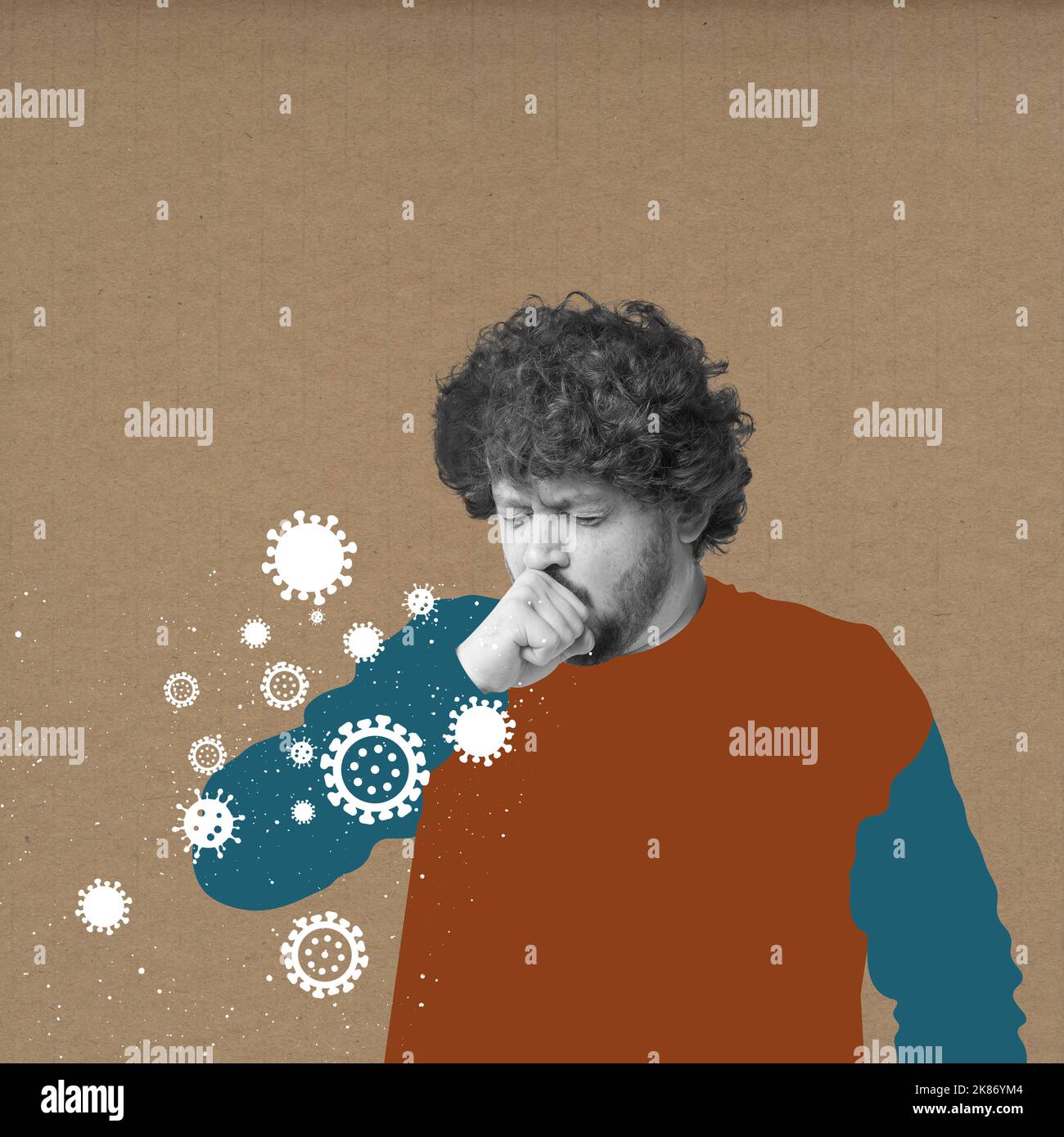 Art collage or design in magazine style about ill man with symptoms of ...