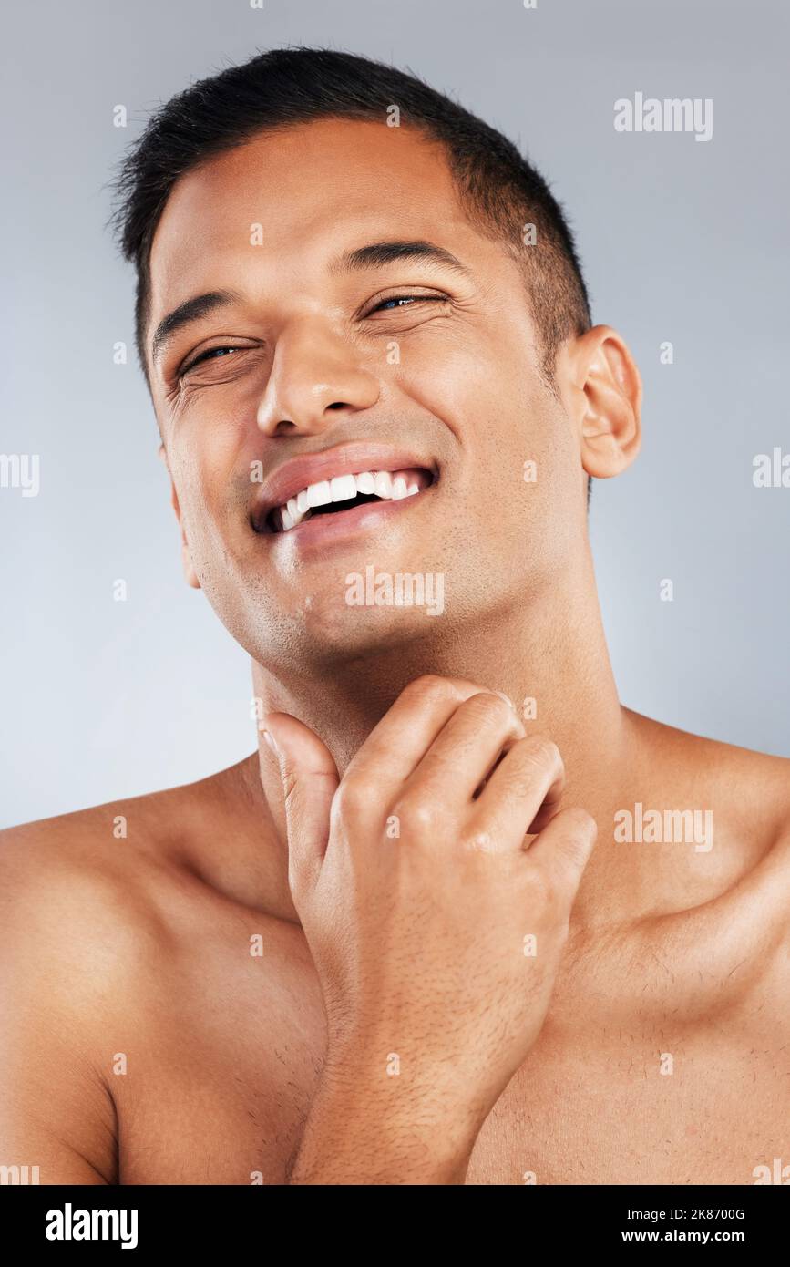 Happy, man and smile with teeth for dental healthcare, clean hygiene and skin against a grey ...