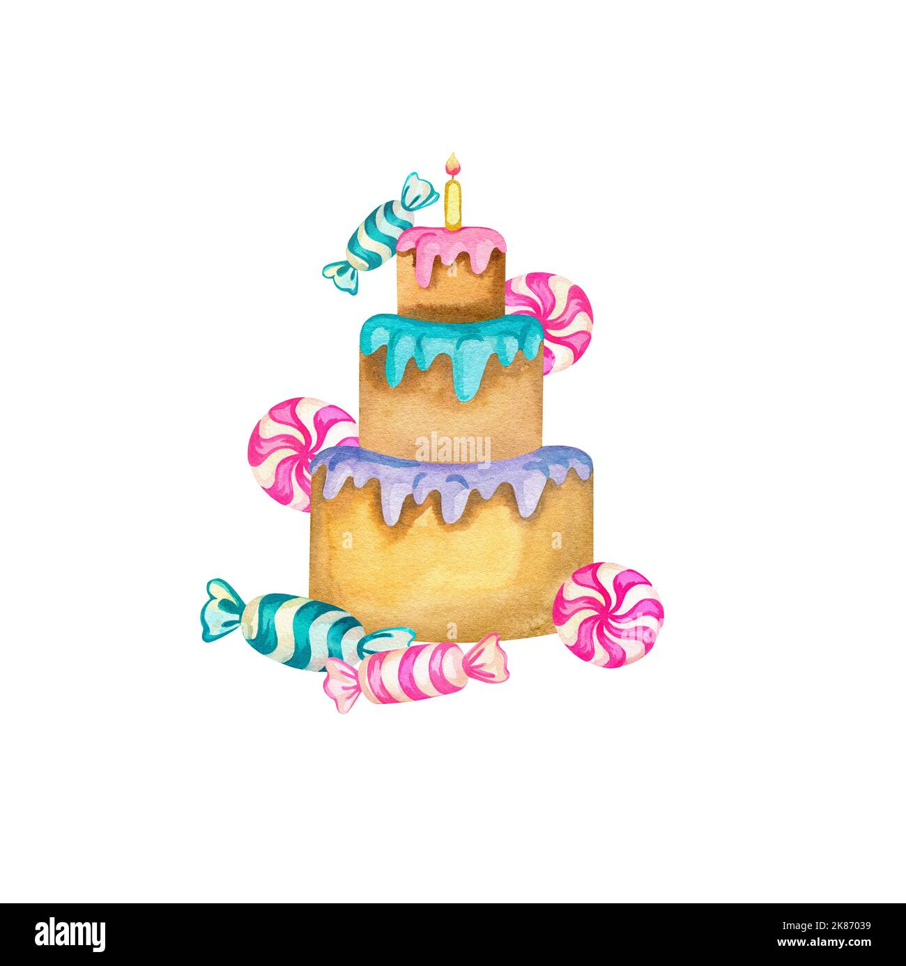 Watercolor illustration of cake, candy and cakes. confectionery, large ...