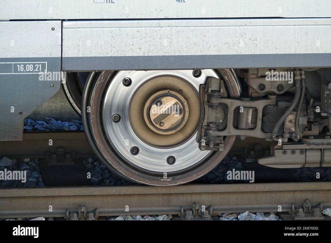 A close-up shot of the wheels with the brake system of an ICE train ...