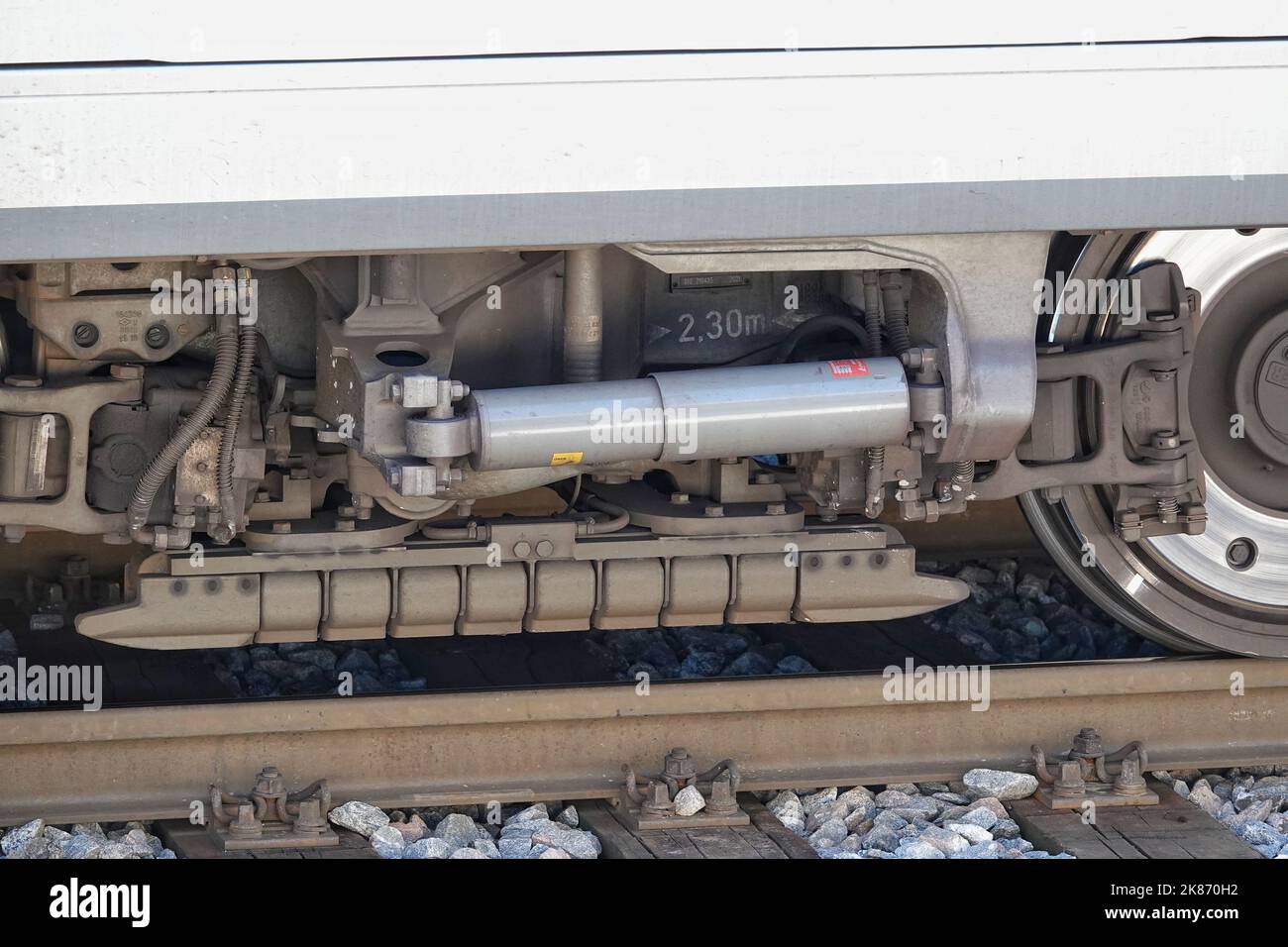 A close-up shot of the wheels with the brake system of an ICE train ...