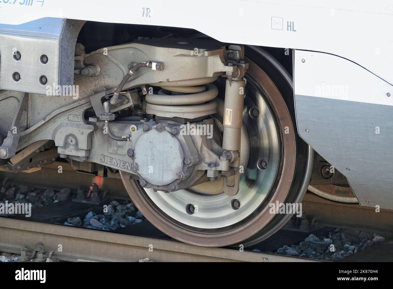 A close-up shot of the wheels with the brake system of an ICE train ...