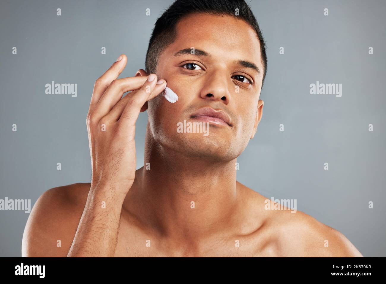 Beauty Skincare And Man With Cream On His Face Using Skincare Products