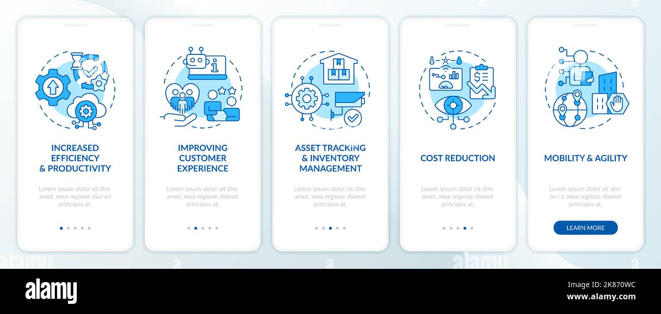 Iot Business Advantages Blue Onboarding Mobile App Screen Stock Vector