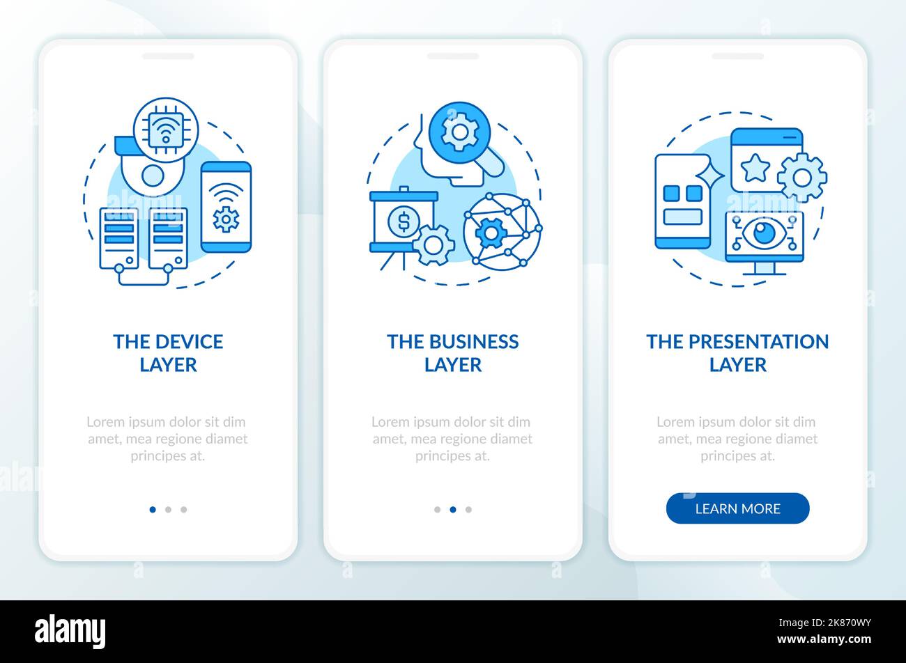 IoT applications technologies blue onboarding mobile app screen Stock ...