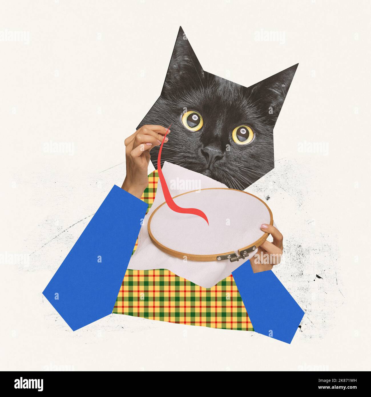 Contemporary art collage. Creative design. Cat's head with female hands ...