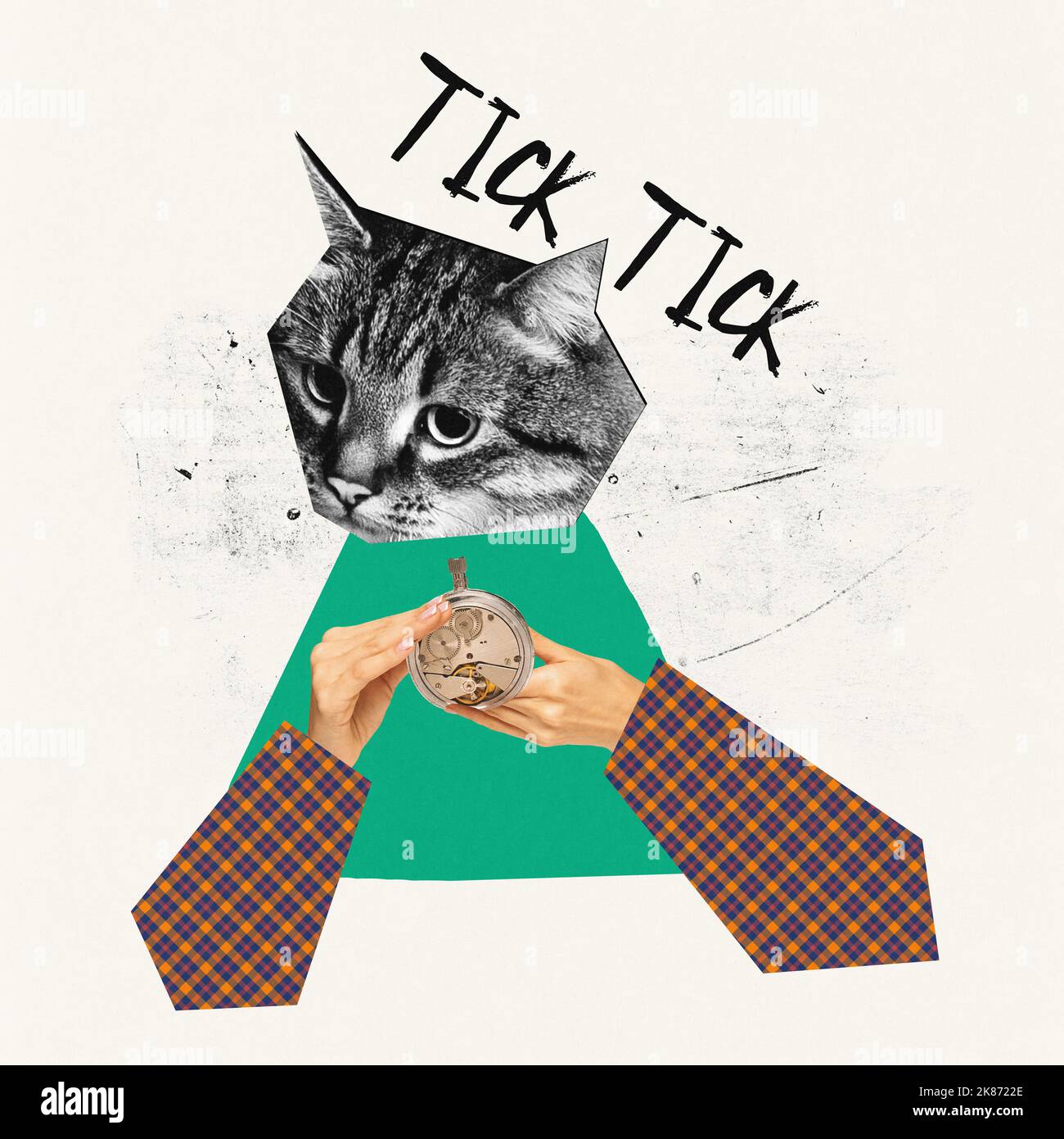 Contemporary art collage. Creative design. Cat's head and human hands ...
