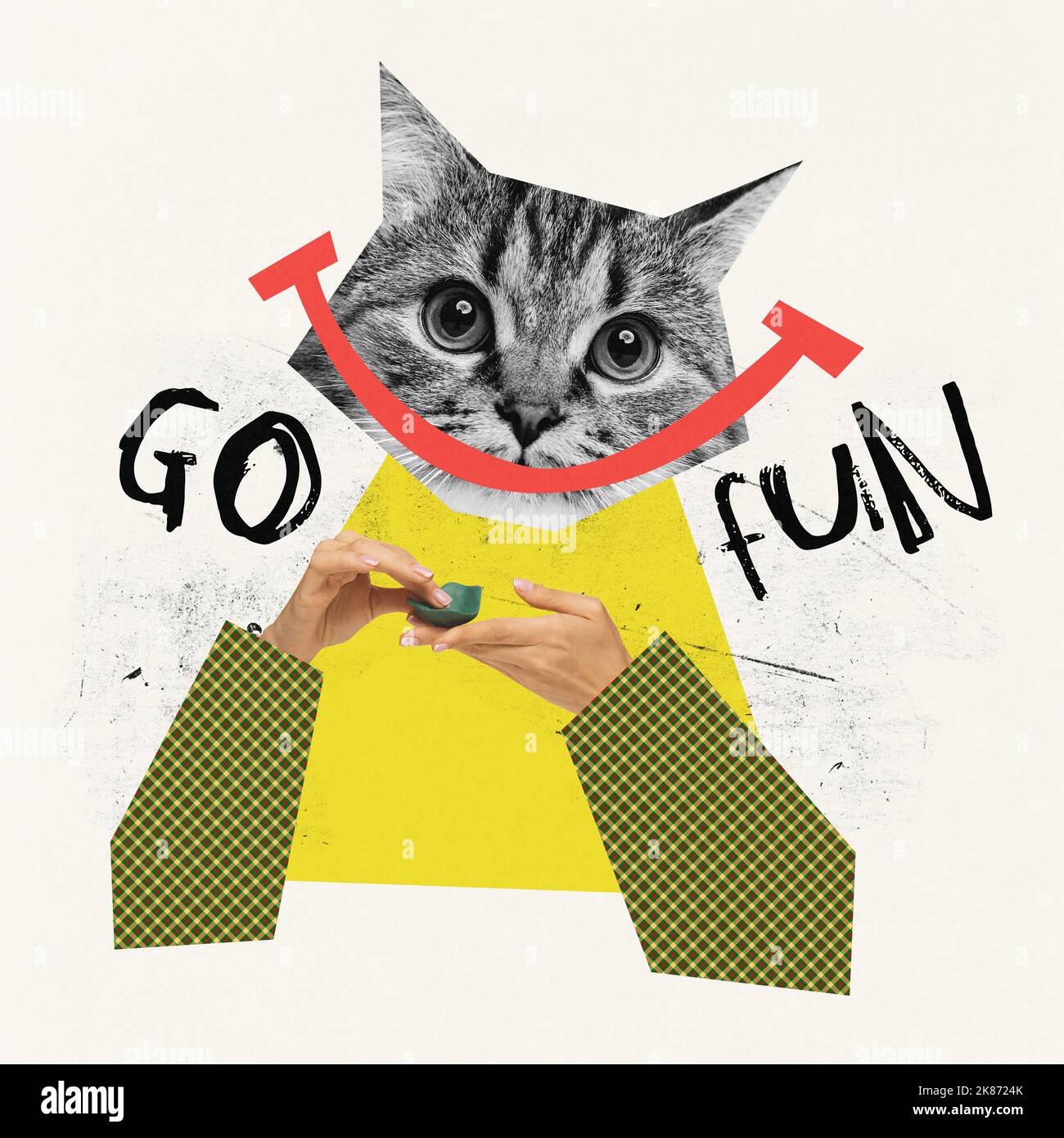 Contemporary art collage. Creative design. Cat's head with female hands ...