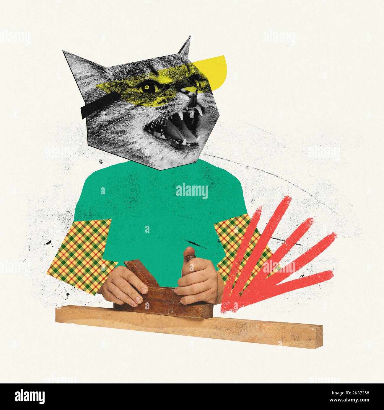 Contemporary art collage. Creative design. Cat's head with human hands ...