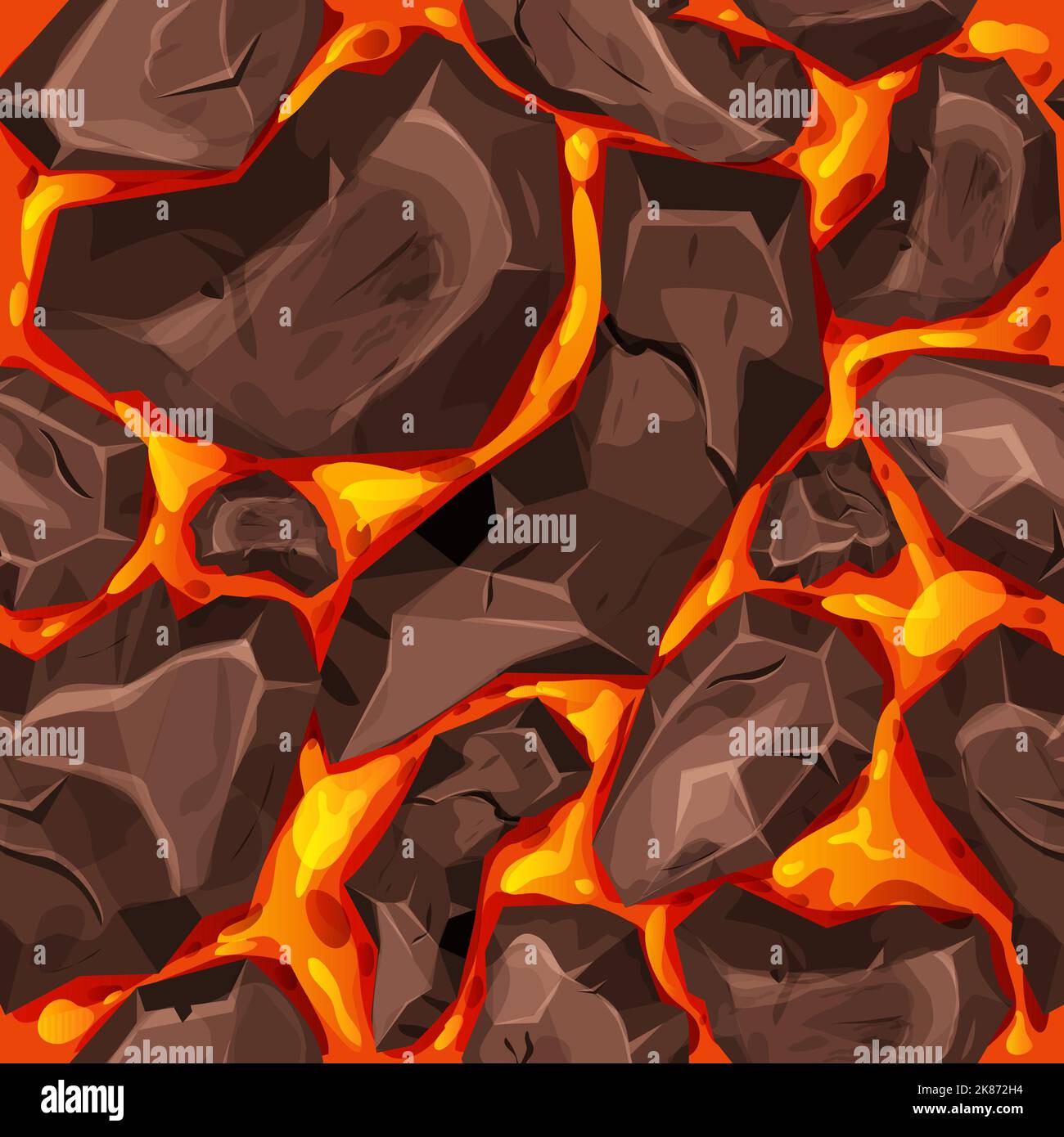 Lava, magma with stones in cartoon style seamless pattern background. Eruption effect, landscape ...