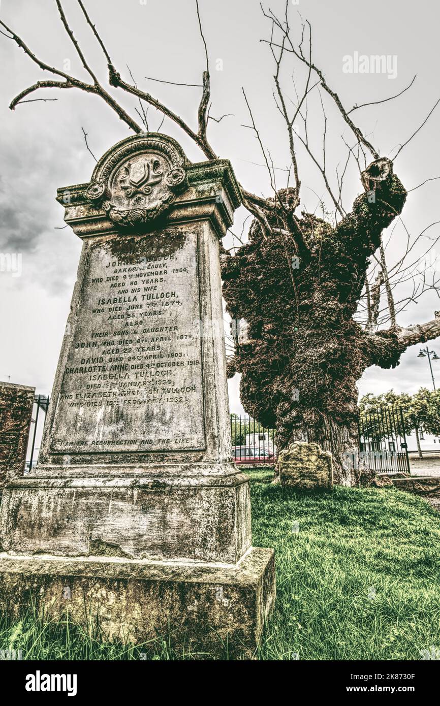 A vertical shot of a gravestone in the yard of Beauly Priory monastery ...
