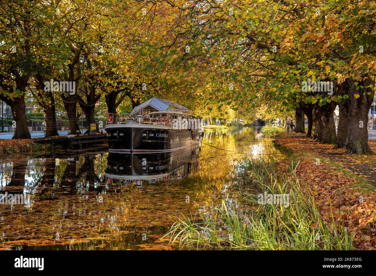 Barge reflected in water of Grand Canal, Dublin during Autumn Fall ...