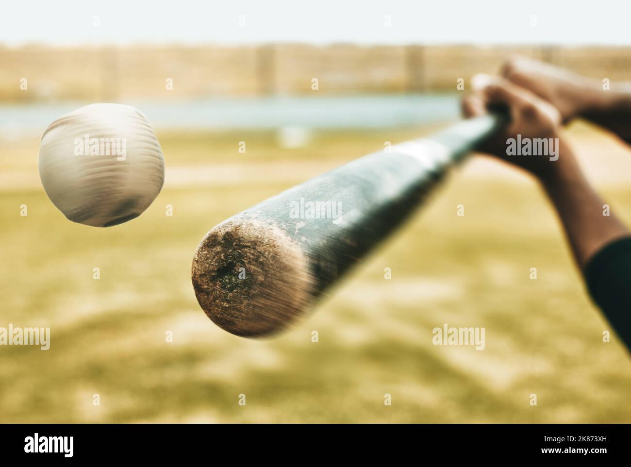 Baseball, speed and game action bat on field with athlete man playing ...
