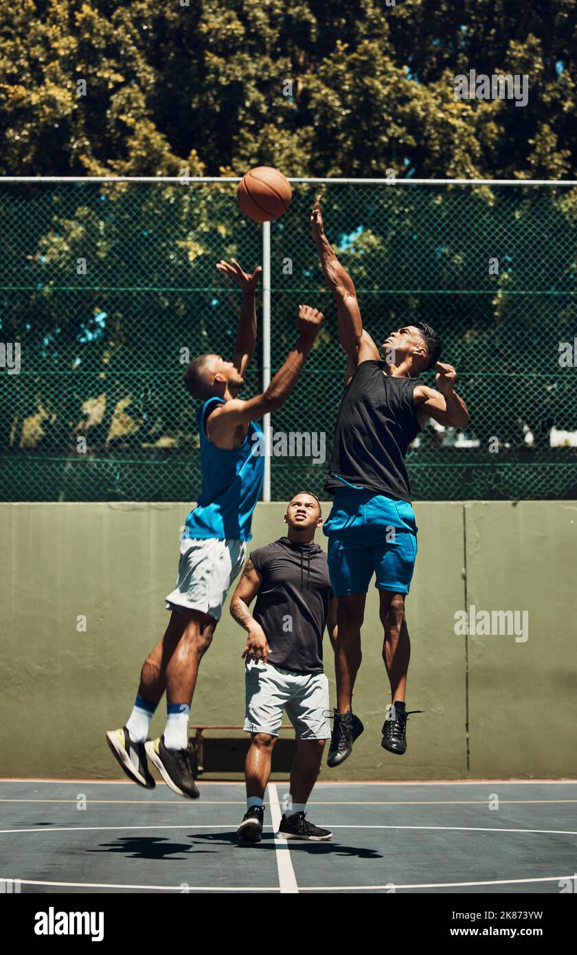 Sports, start and men jump in basketball training match, cardio ...