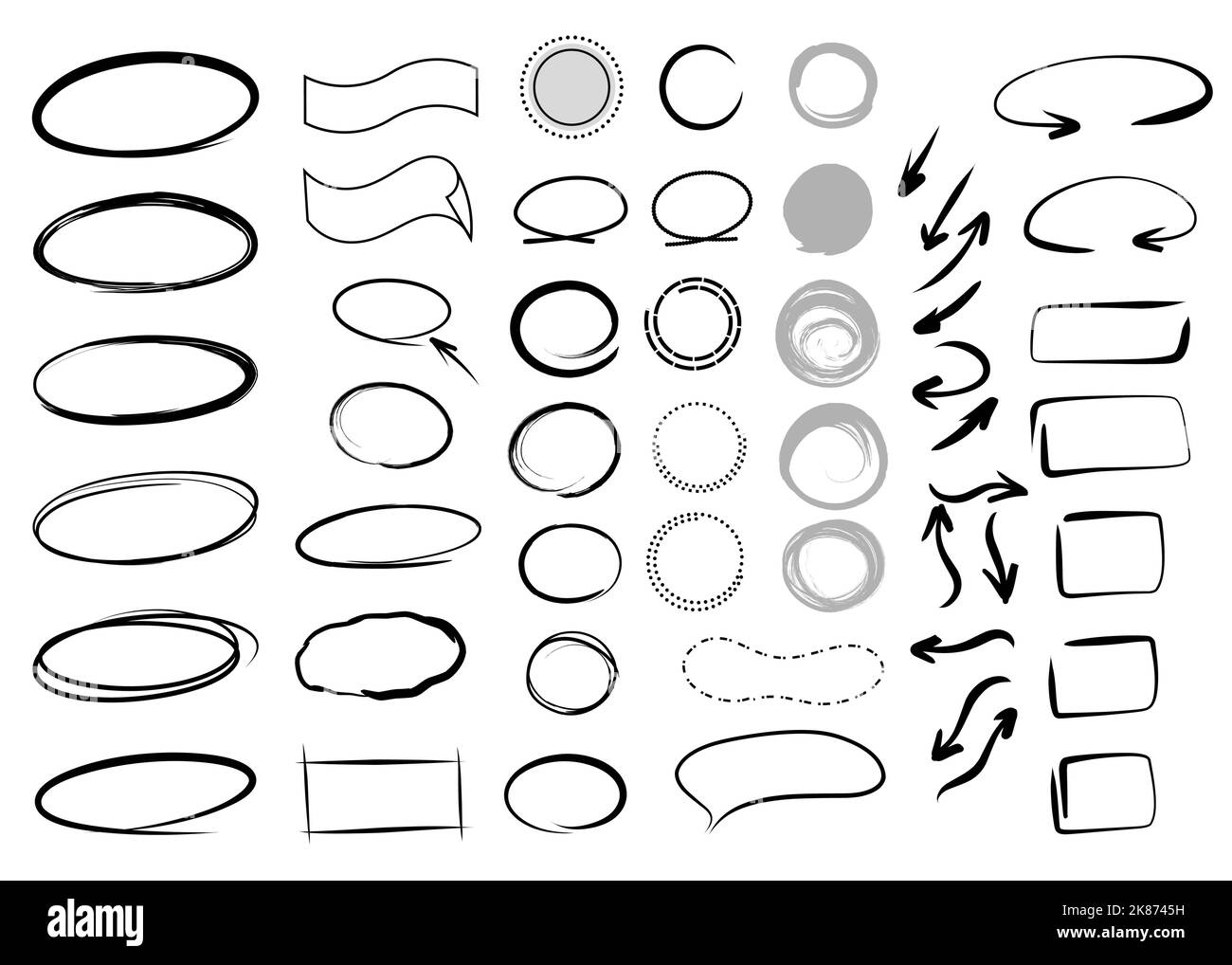 Hand drawn illustration set of speech bubbles and vector arrows set on ...