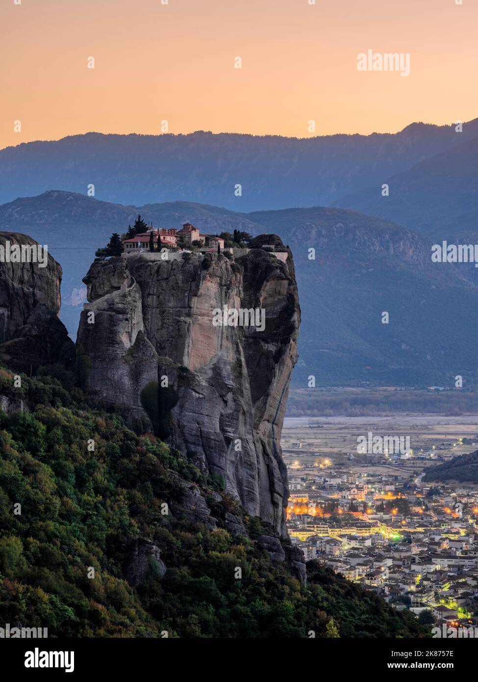 Monastery of the Holy Trinity at dusk, Meteora, UNESCO World Heritage ...