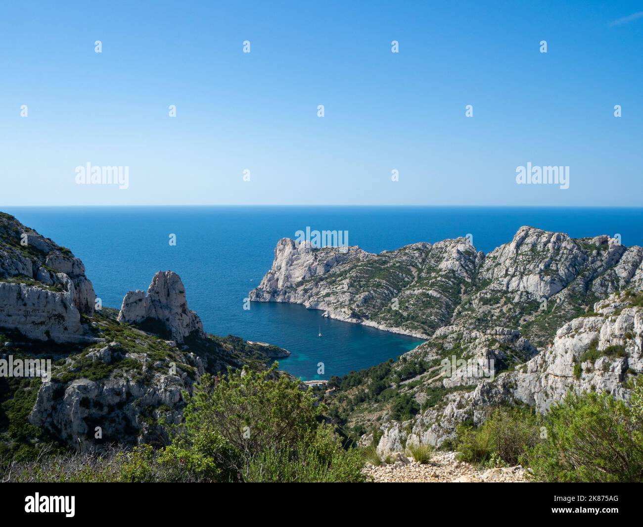 Calanques, France - May 20th 2020: Hiking high above the Mediterranean ...