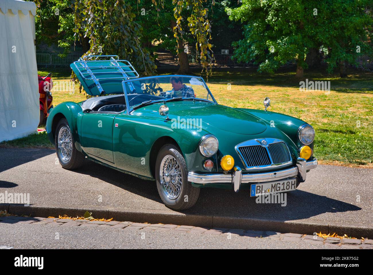 BADEN BADEN, GERMANY - JULY 2022: green MG MGA sport coupe 1955 coupe ...