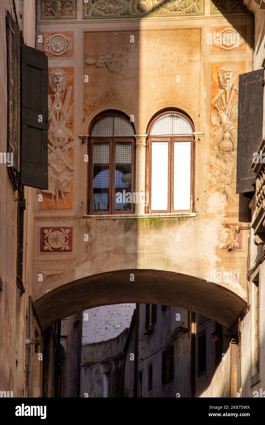 Facade with frescoes of an ancient palace, Feltre, Belluno, Veneto ...
