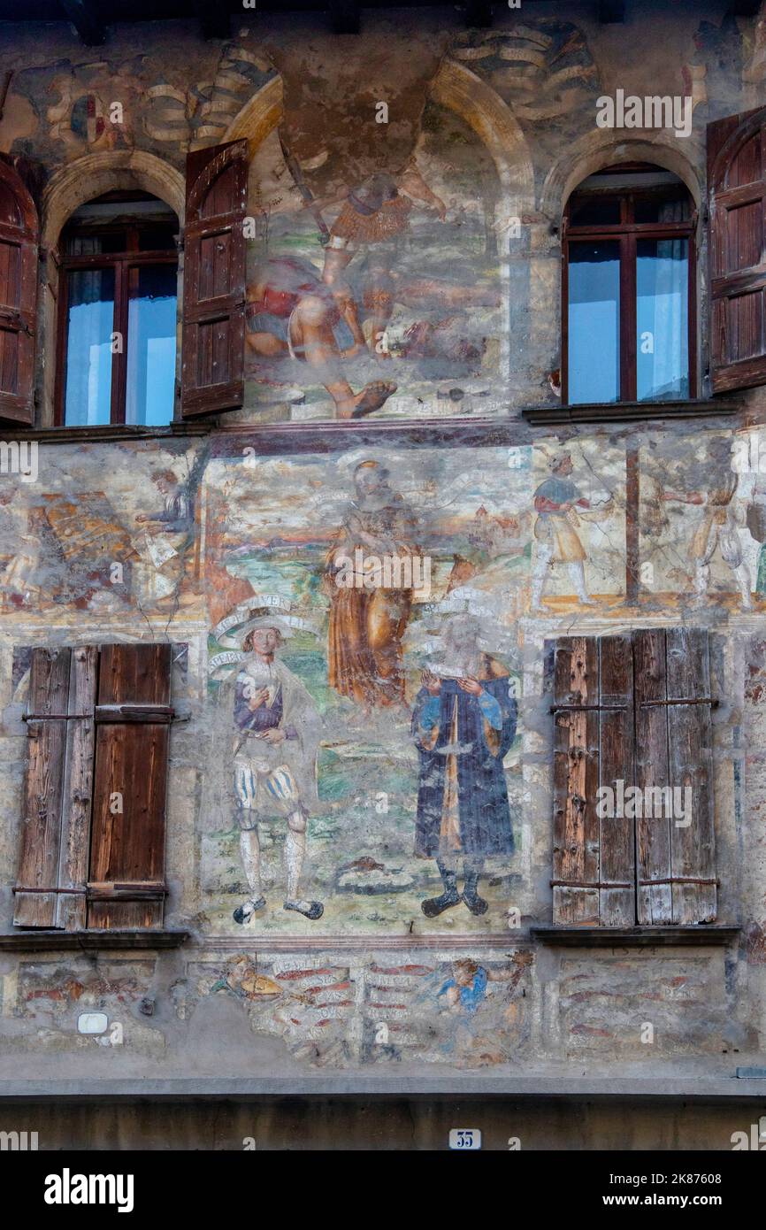 Facade with frescoes of an ancient palace, Feltre, Belluno, Veneto ...