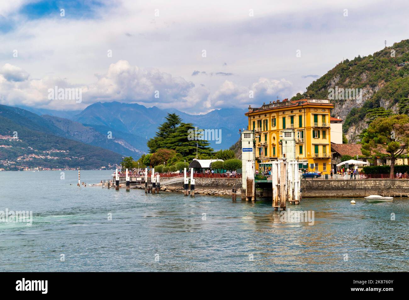 Boat docking jetty, Varenna, Lake Como, Como, Lombardy, Italian Lakes ...