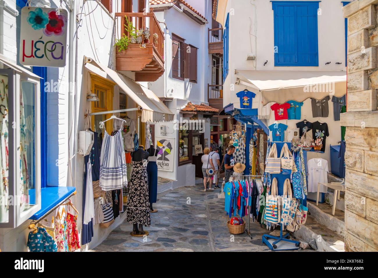 View of shops in narrow street, Skopelos Town, Skopelos Island ...