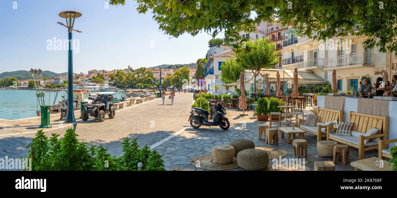 View of old town and promenade, Skopelos Town, Skopelos Island ...
