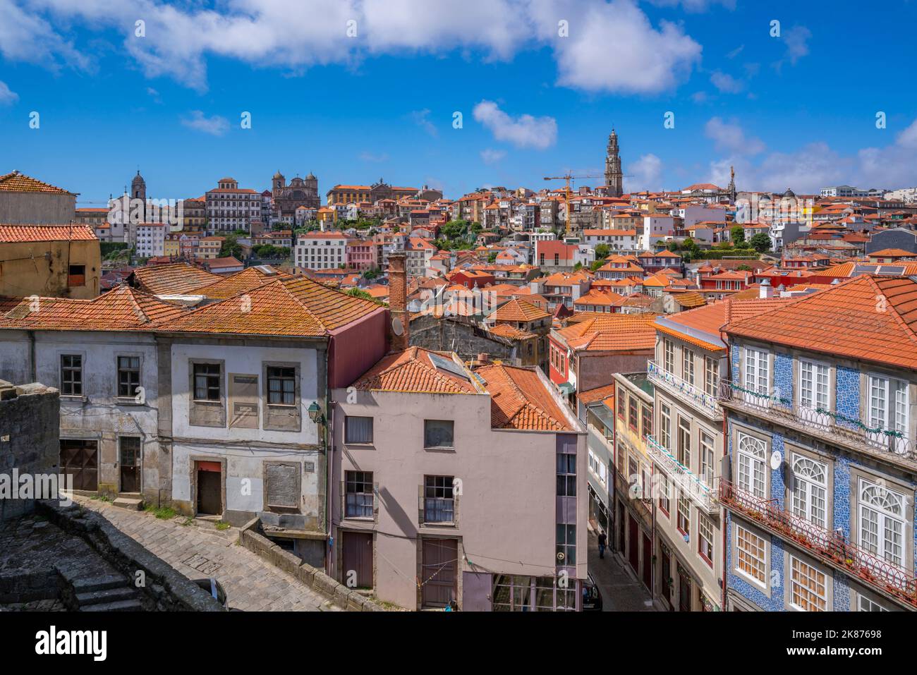 View of colourful buildings and rooftops of the Ribeira district ...