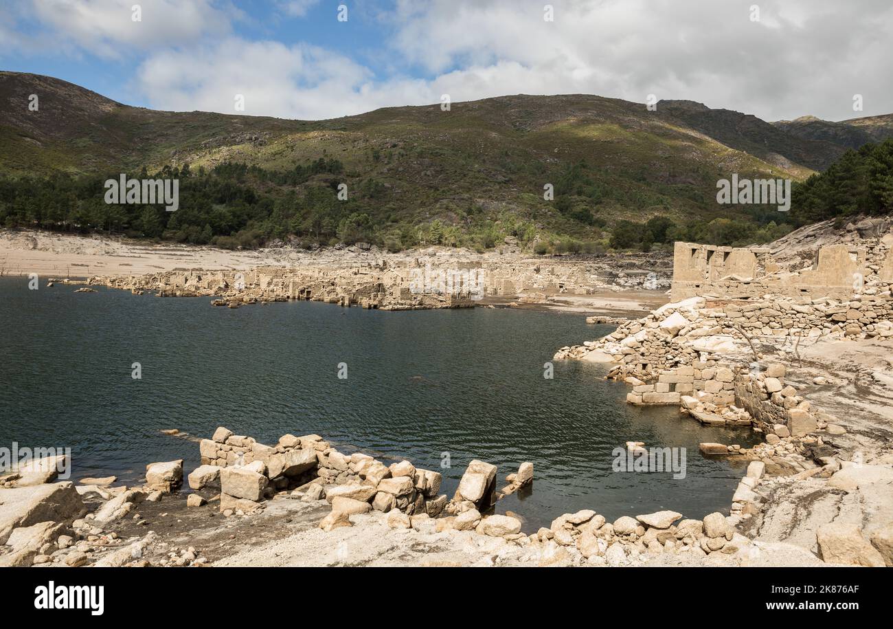 General view of Vilarinho da Furna old village, Portugal. Submerged ...