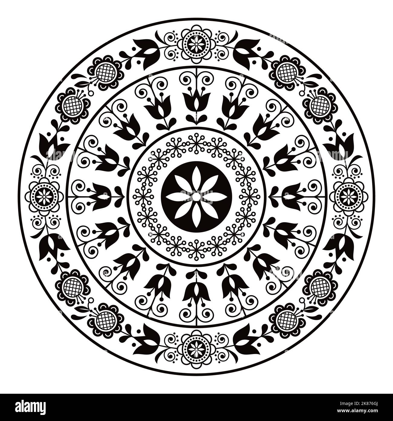 Scandinavian folk art vector mandala design, cute pattern with flowers ...