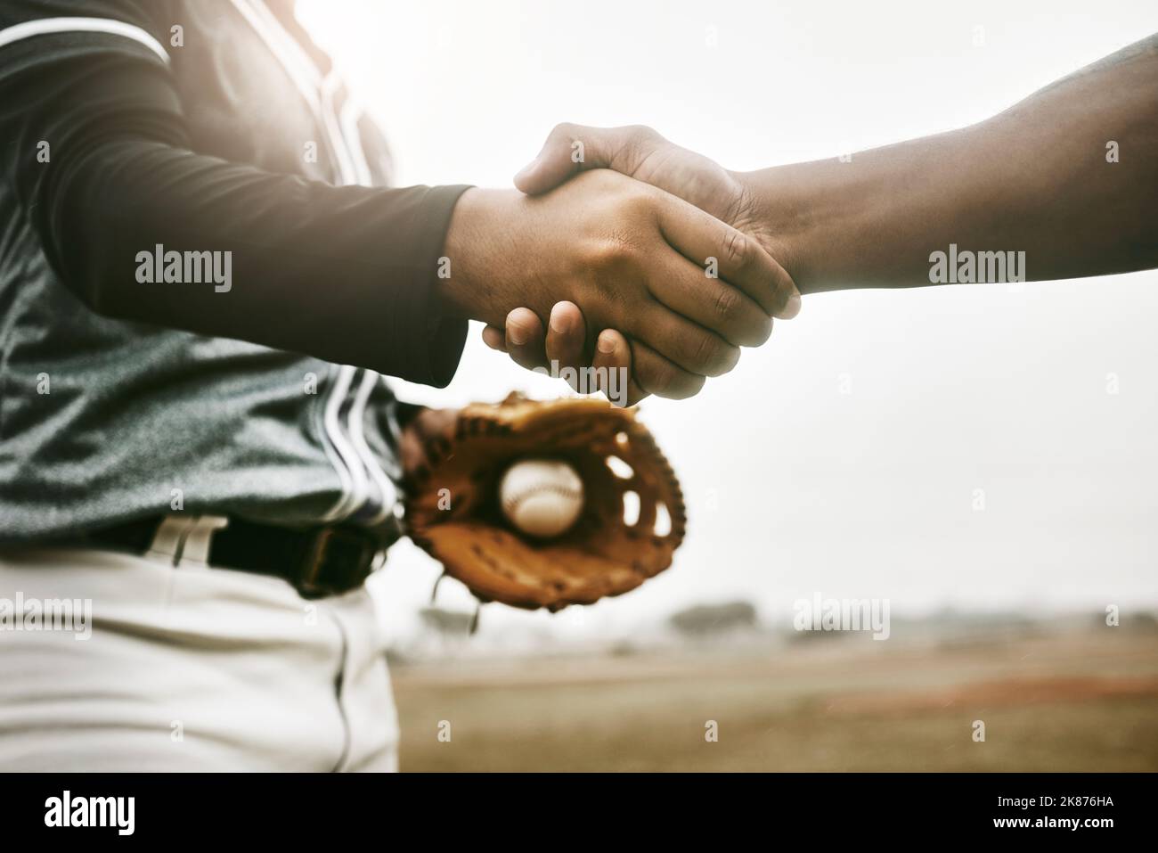 Baseball, fitness or zoom of handshake for training, wellness or team ...