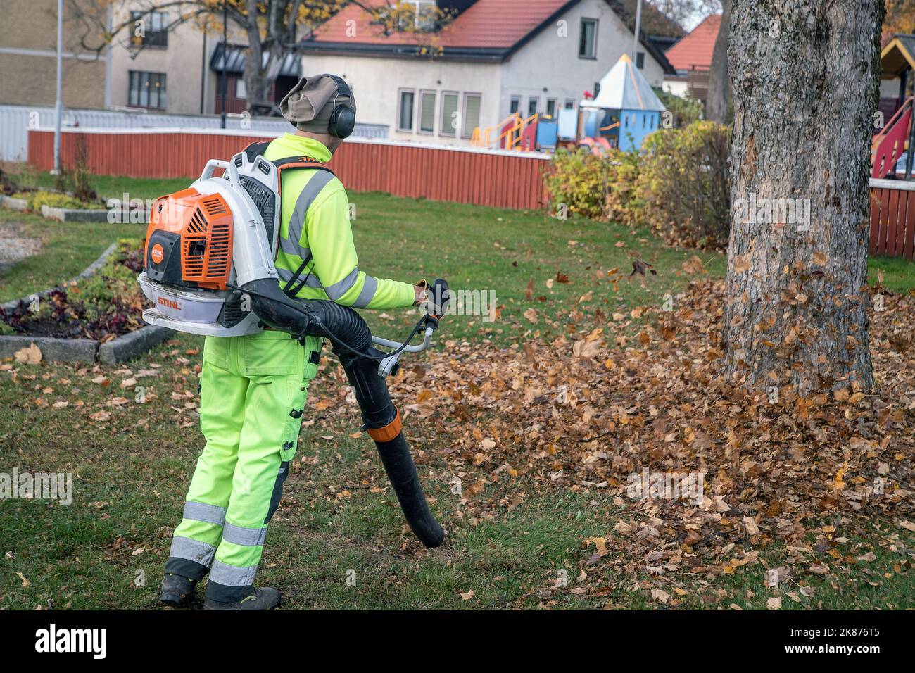 leaf blowing in Malmkoping. removal of autumn leaves in a city park ...