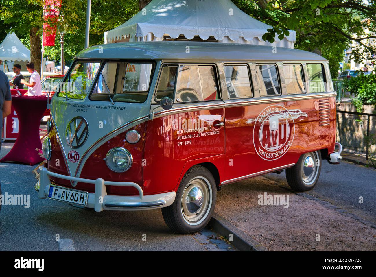 BADEN BADEN, GERMANY - JULY 2022: red beige VW Volkswagen Type 2 T2 ...
