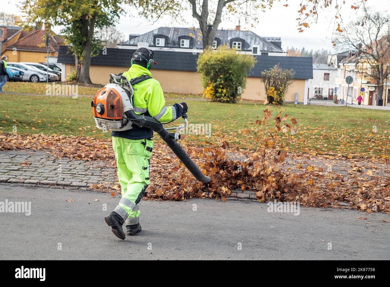 leaf blowing in Malmkoping. removal of autumn leaves in a city park ...