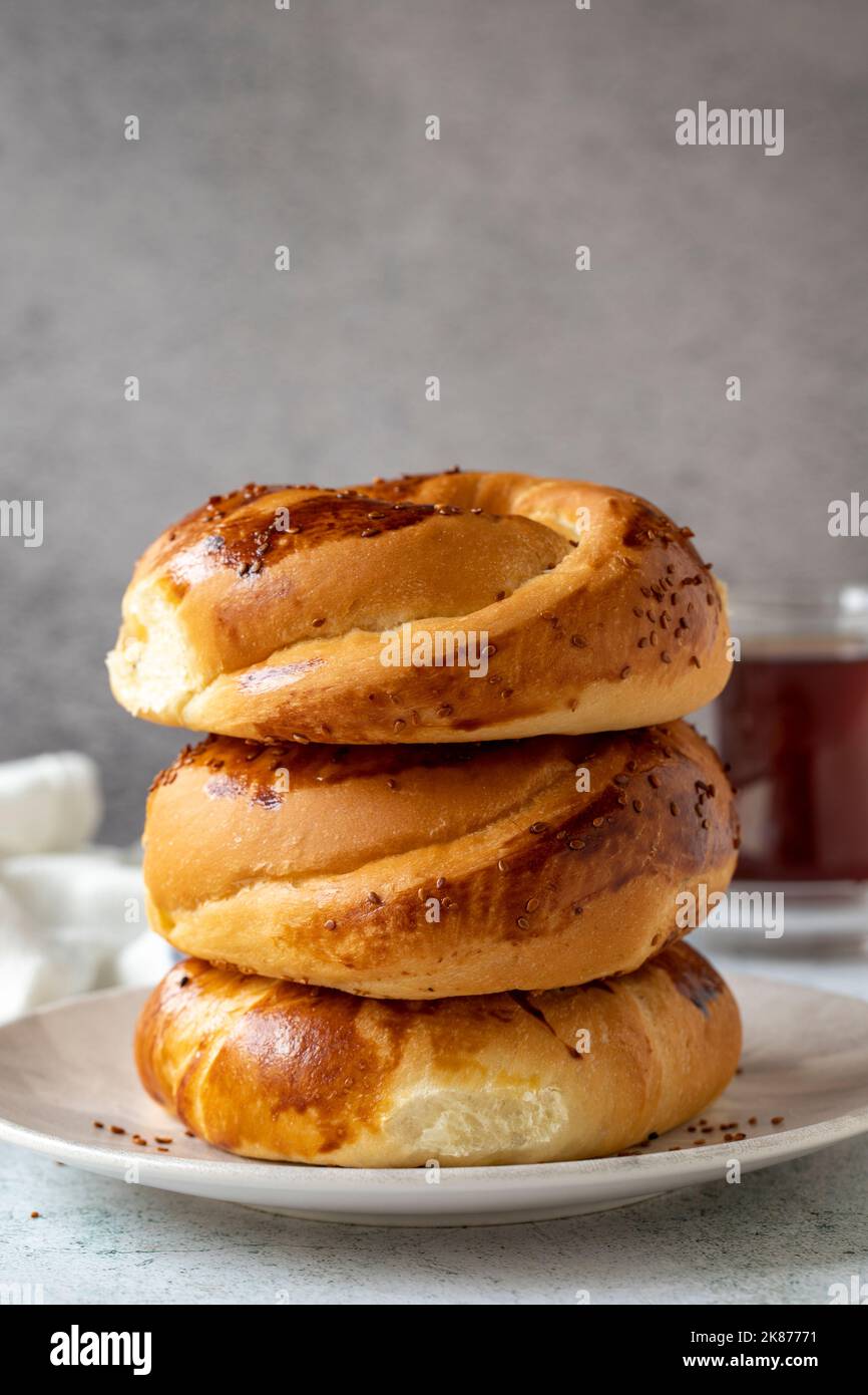 Turkish bagel pogaca with nigella seeds. Traditional flavors. Pogaca on ...