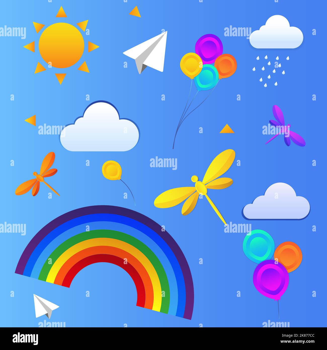 collection cartoon element rainbow cloud sun butterfly kite balloons ...