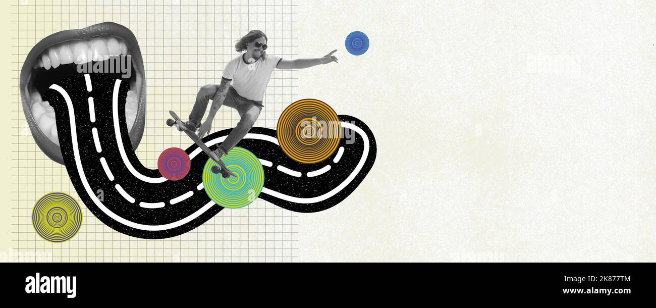 Contemporary art collage. Creative design with young retro man ...