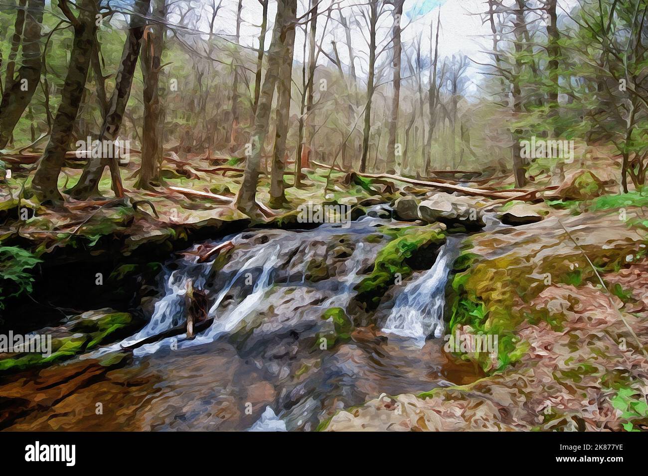 Digitally created watercolor painting of a beautiful small waterfall ...