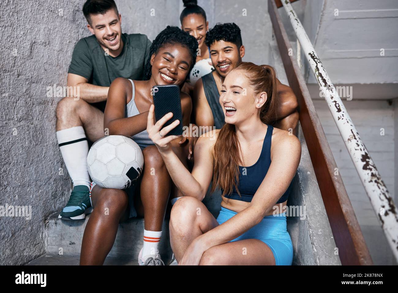 Selfie, smartphone and soccer people for sports social networking team ...