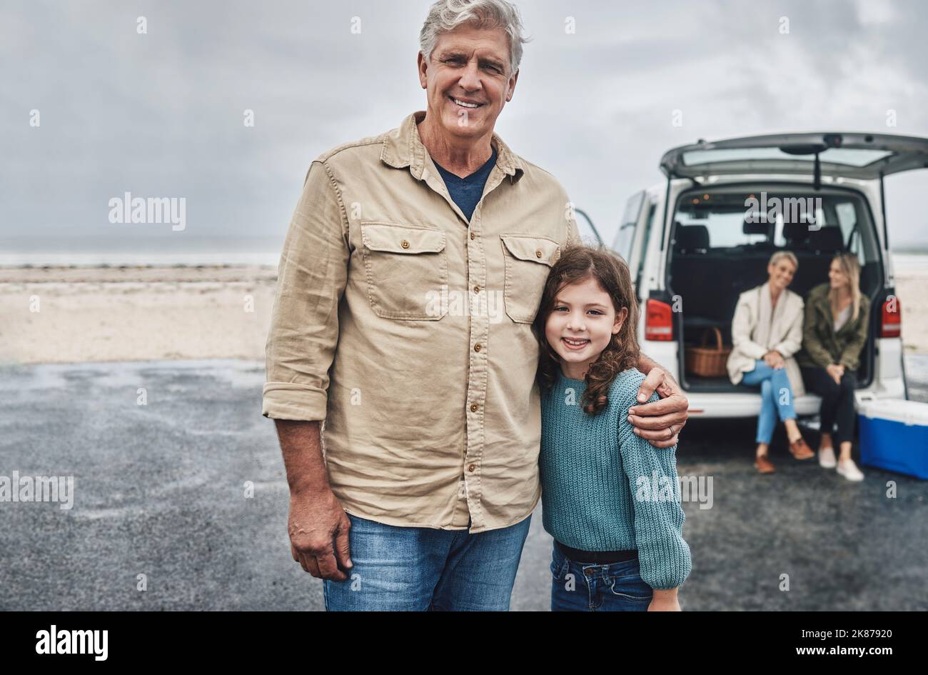 Car, old man and child on a road trip as a happy family for traveling ...