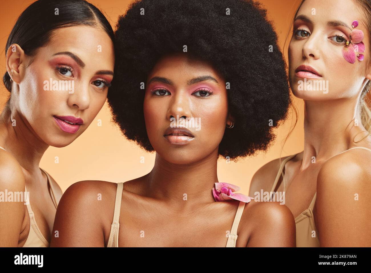 Diversity, beauty and women with flowers for makeup, skincare and ...