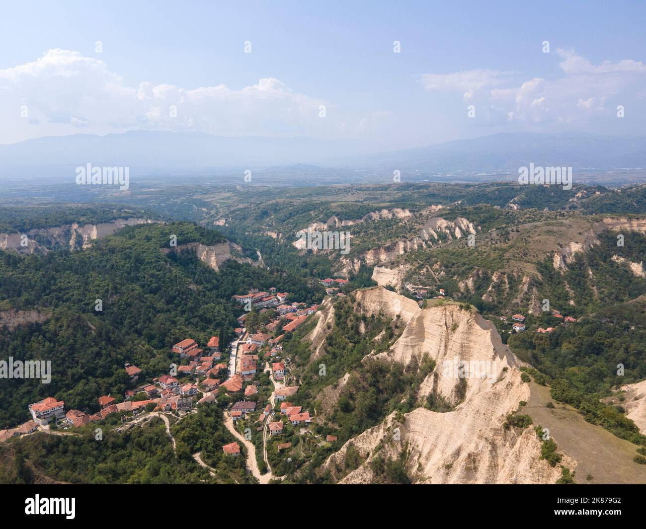 Aerial view of Melnik sand pyramids, Blagoevgrad region, Bulgaria Stock ...
