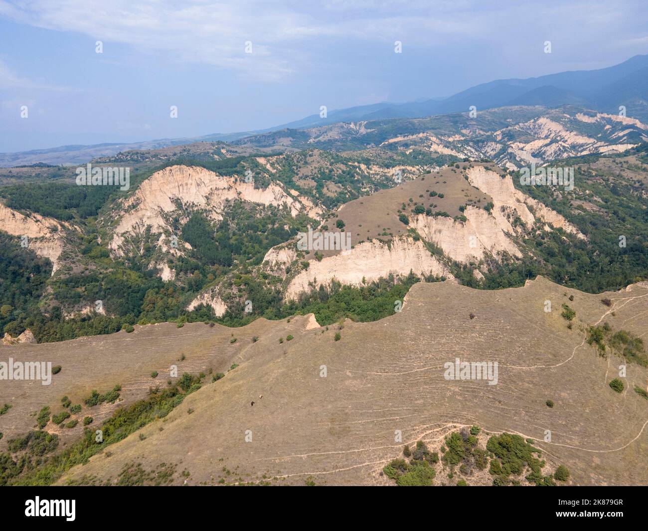 Aerial view of Melnik sand pyramids, Blagoevgrad region, Bulgaria Stock ...