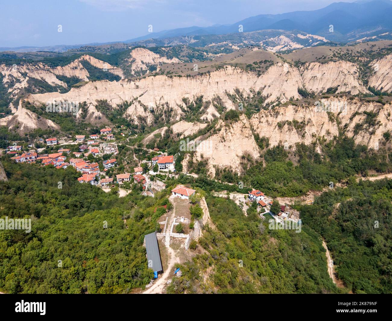 Aerial view of Melnik sand pyramids, Blagoevgrad region, Bulgaria Stock ...