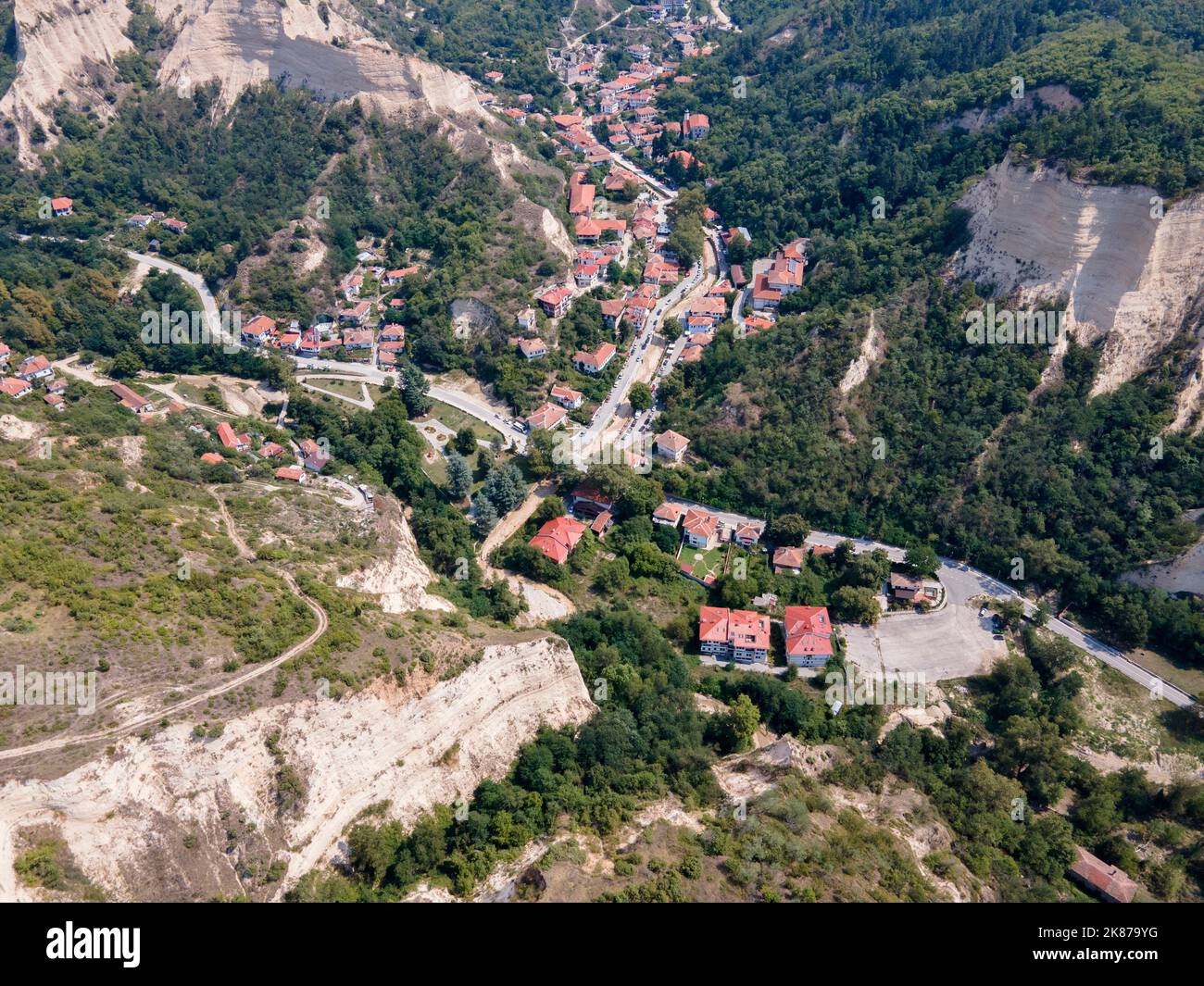 Aerial view of Melnik sand pyramids, Blagoevgrad region, Bulgaria Stock ...