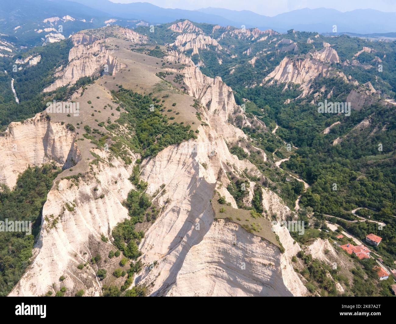 Aerial view of Melnik sand pyramids, Blagoevgrad region, Bulgaria Stock ...
